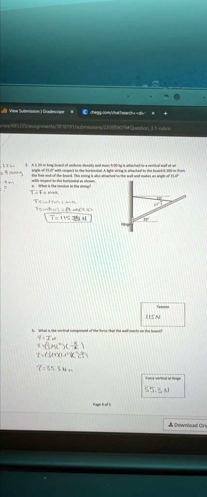 SOLVED: 3. A 1.20m long board of uniform density and mass 9.00kg is ...