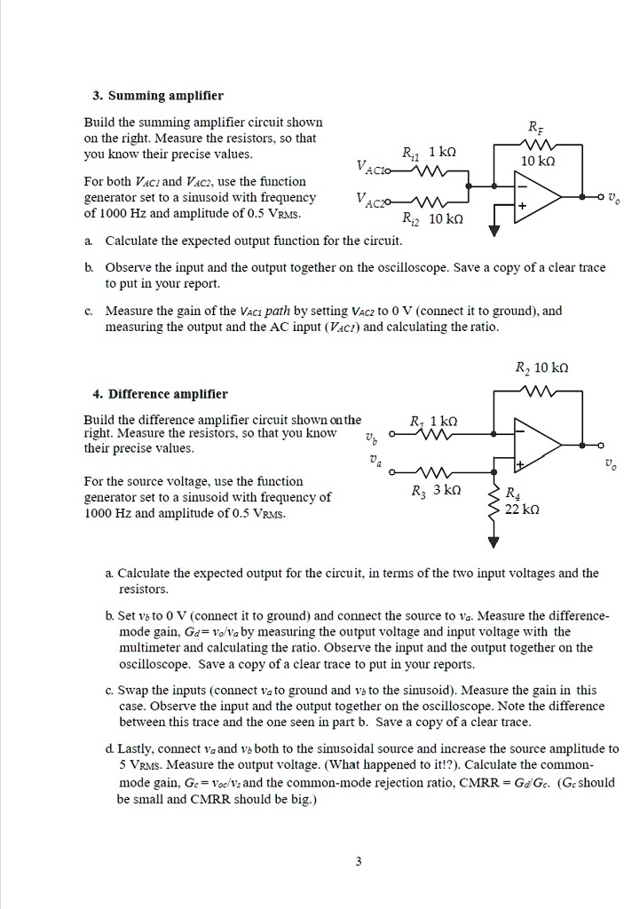 SOLVED: 3. Summing amplifier Build the summing amplifier circuit shown on the right. Measure the ...