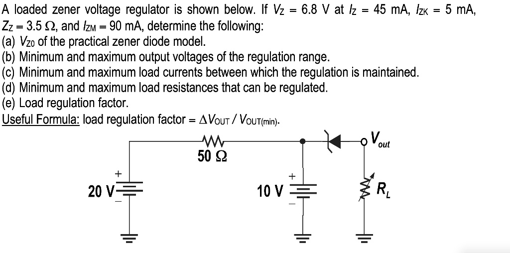 SOLVED: A loaded zener voltage regulator is shown below. If Vz = 6.8 V at Iz = 45 mA, Izk = 5 mA ...
