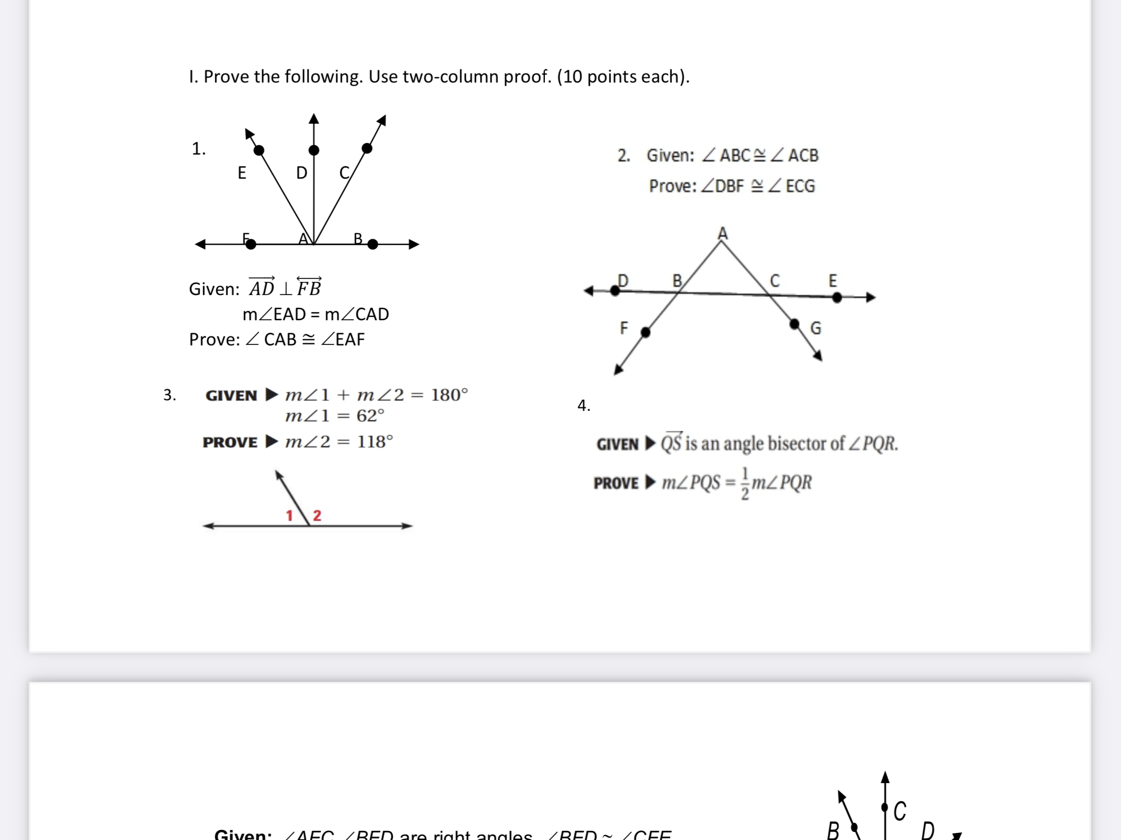 SOLVED:I. Prove the following. Use two-column proof. (10 points each). 2. Given: \( \angle ...