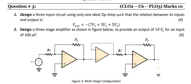Design a three-input circuit using only one ideal Op-Amp such that the ...