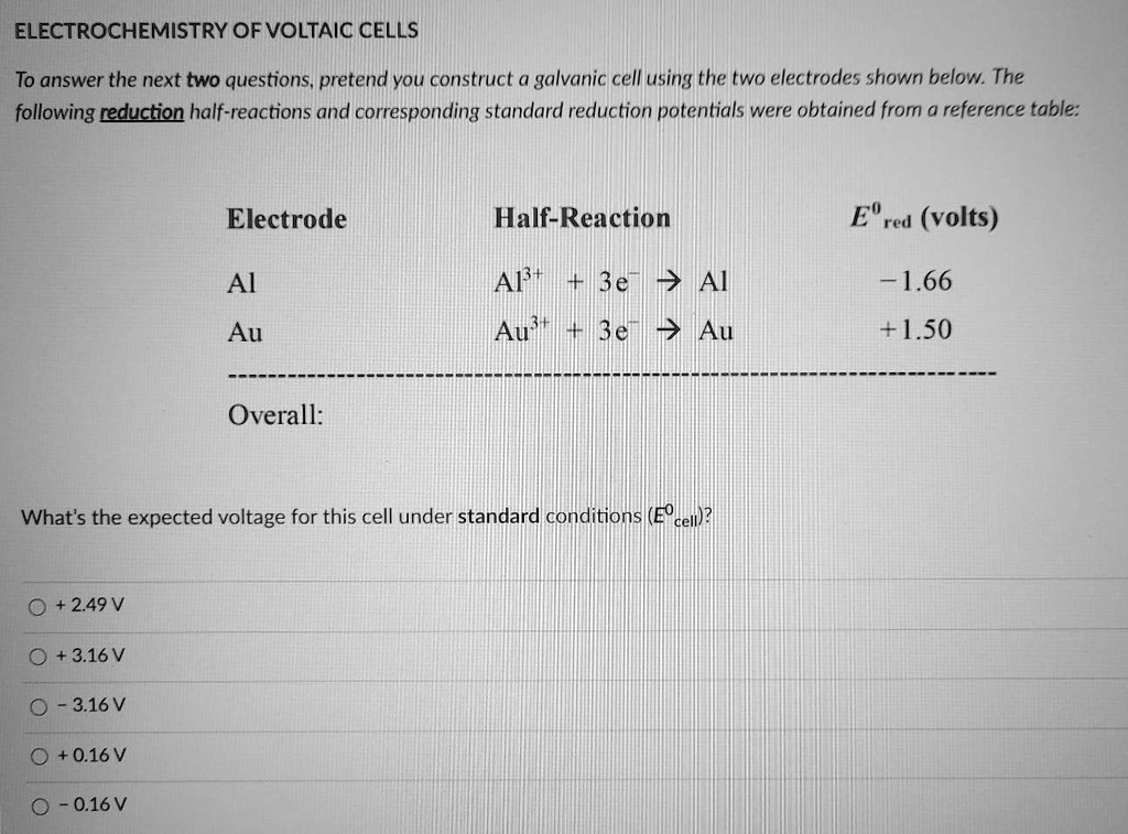 electrochemistry of voltaic cells to answer the next two questions ...