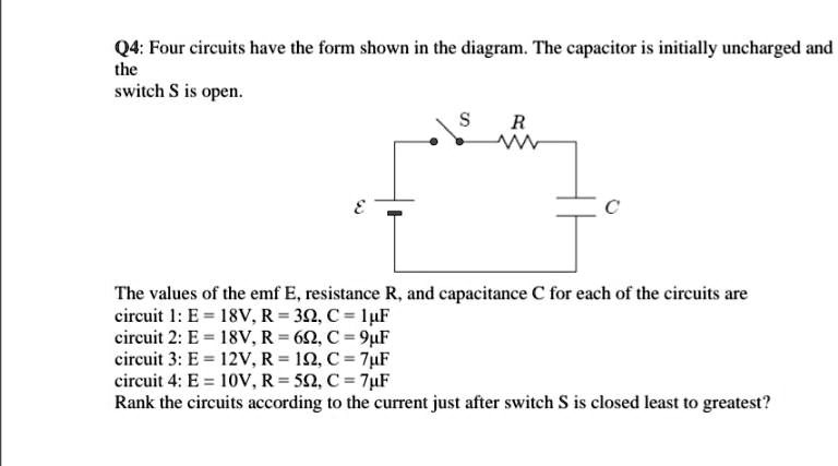 Four circuits have the form shown in the diagram. The capacitor is initially uncharged and the ...