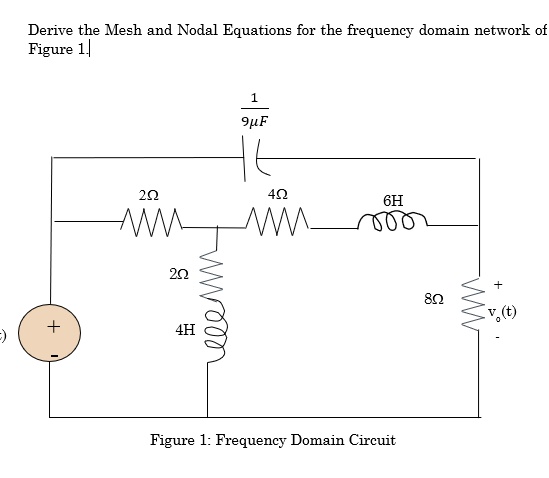 Derive the Mesh and Nodal Equations for the frequency domain network of Figure 1. (1)/(9μF ...