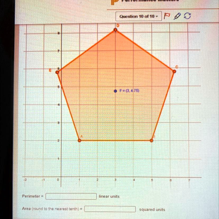 Question 10 of 10 F=(3, 4.75) Perimeter = linear units Area (round to ...
