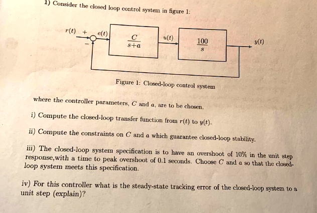 SOLVED: Consider the closed-loop control system in Figure 1. e(t) C s+a u(t) 100 y(t) Figure 1 ...