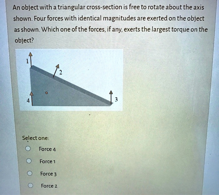 An object with a triangular cross-section is free to rotate about the axis shown. Four forces ...