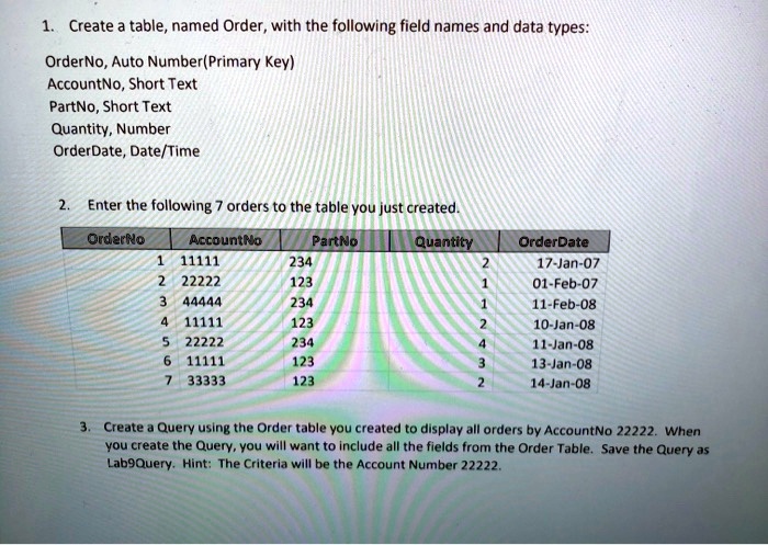 1create a tablenamed orderwith the following field names and data types ordernoauto ...