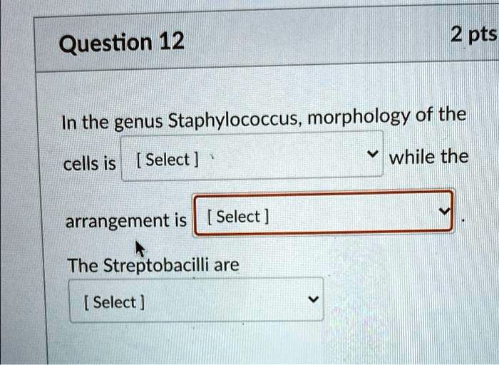 Question 12 2 pts In the genus Staphylococcus, morphology of the cells ...