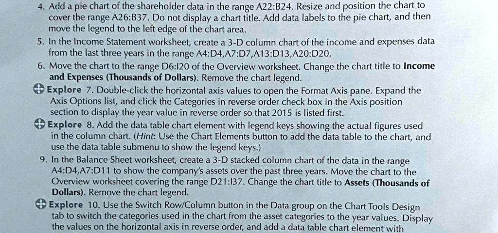 SOLVED: Add a pie chart of the shareholder data in the range A22:B24. Resize and position the ...