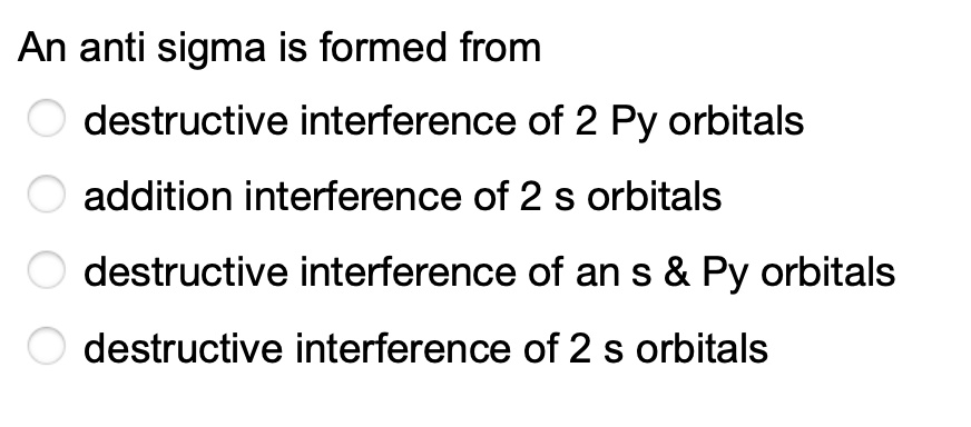 An anti sigma is formed from destrucitve interference of 2 Py orbitals ...