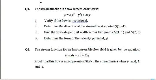 Solved Q1 The Stream Function In A Two Dimensional Flow Is Ïˆ 2x 2
