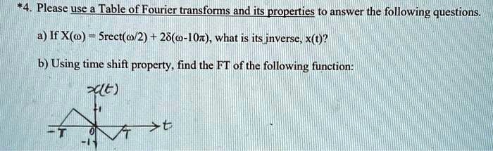 SOLVED: a) If X = 5rect/2 + 28 - 10, what is its inverse x(t)? b) Using the time shift property ...