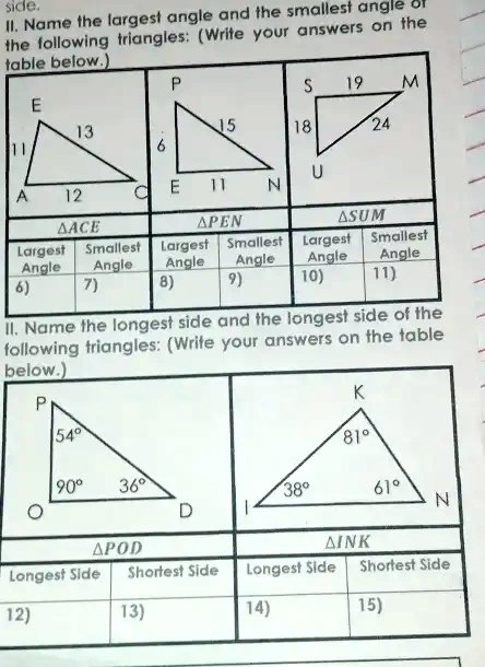 side. II. Name the largest angle and the smallest angle of the ...