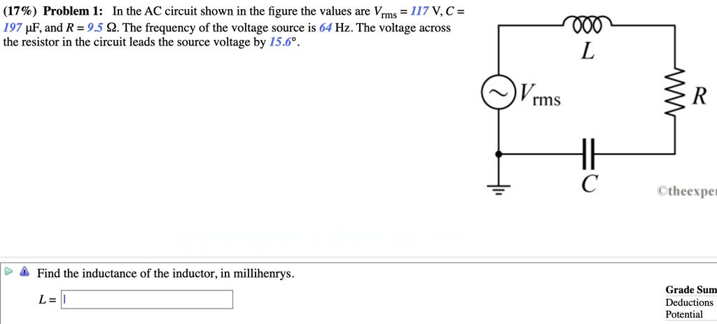 Problem I: In the AC circuit shown in the figure, the values are Vrms = 117 V, C = 197 A, and R ...