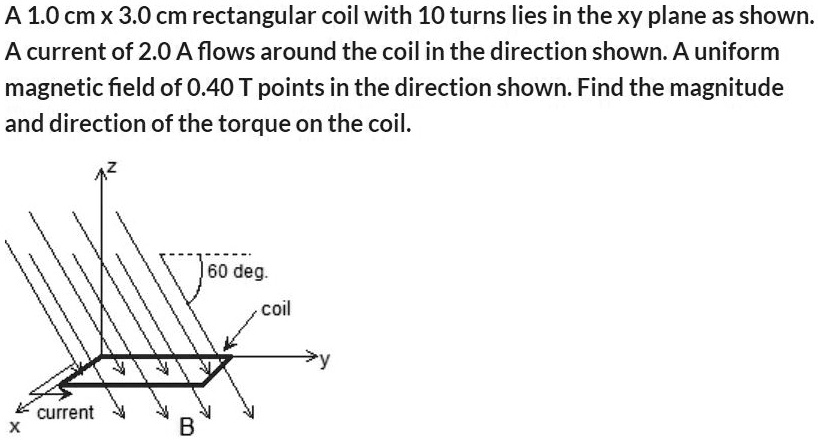 a 10 cm x 30 cm rectangular coil with 10 turns lies in the xy plane as ...