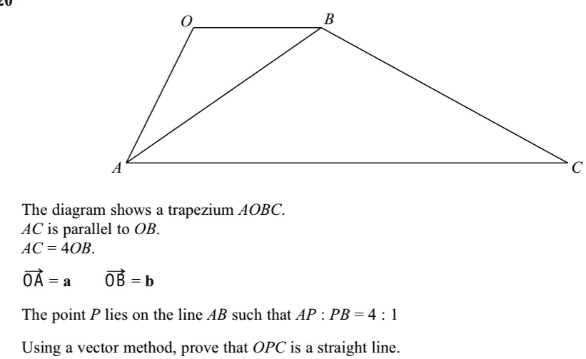 The diagram shows a trapezium AOBC. AC is parallel to OB. AC = 4OB ...
