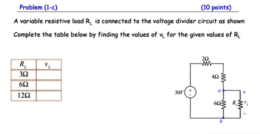 SOLVED: Problem (1-c) (10 points) variable resistive load RL is connected to the voltage divider ...