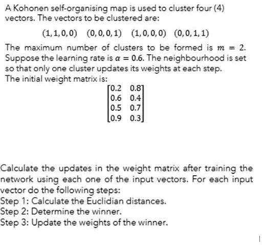 A Kohonen self-organising map is used to cluster four (4) vectors. The ...