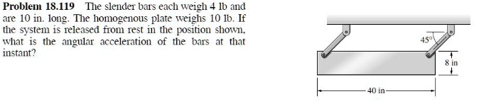 Problem 18.119 The slender bars each weigh 4 lb and are 10 in. long ...