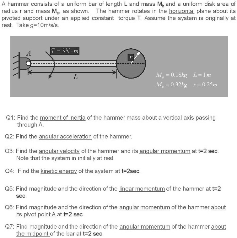 A hammer consists of a uniform bar of length L and mass Mb and a ...