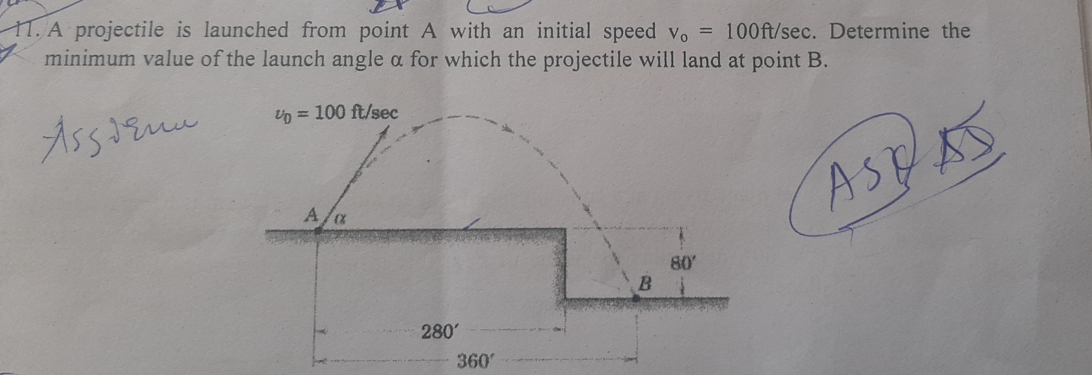 11. A projectile is launched from point A with an initial speed v0=100 ft / sec. Determine the ...