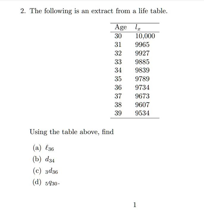 2. The following is an extract from a life table. Age lx 30 10,000 31 9965 32 9927 33 9885 34 ...