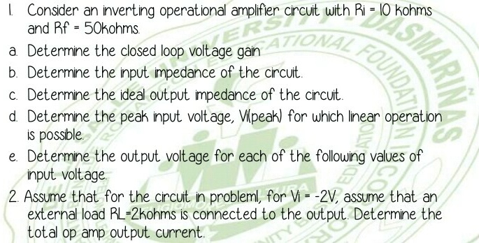 SOLVED: Consider an inverting operational amplifier circuit with Ri = 10 kohms and Rf = 50 kohms ...
