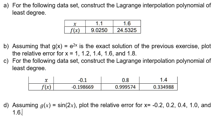 Solved A For The Following Data Set Construct The Lagrange Interpolation Polynomial Of Least