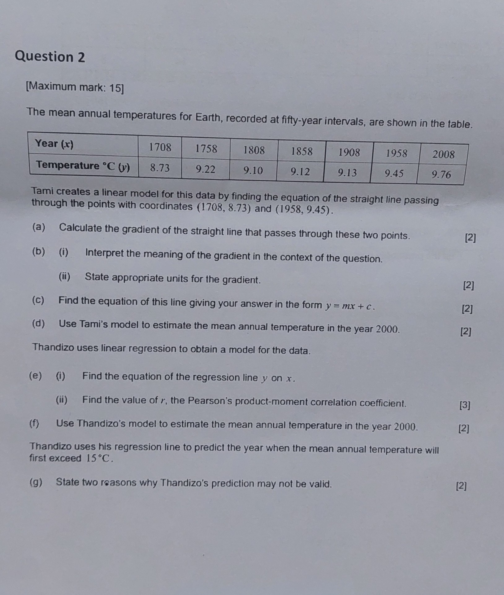Question 2 [Maximum mark: 15] The mean annual temperatures...