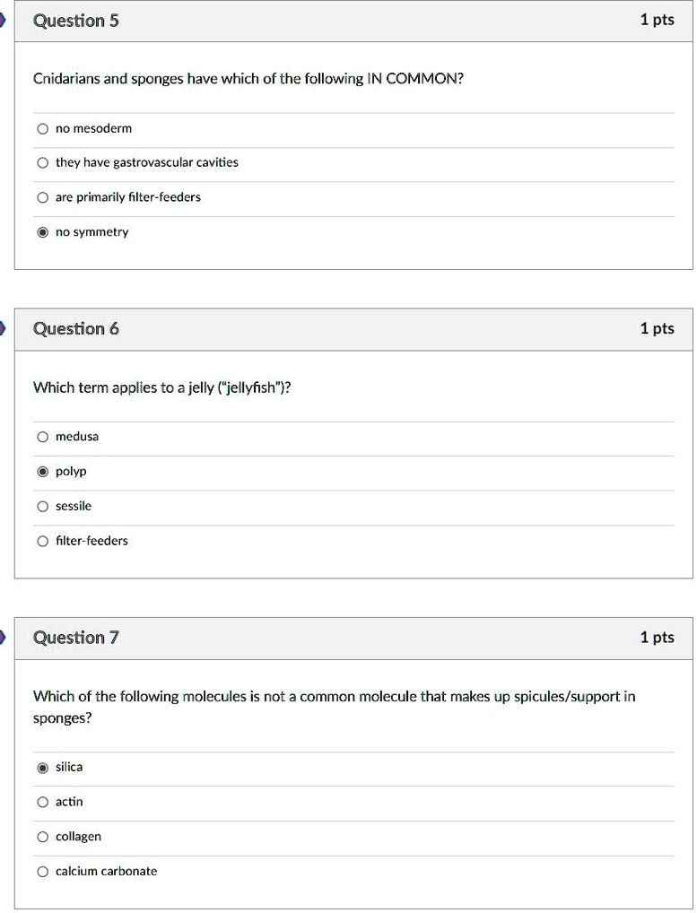 Question 5 Cnidarians and sponges have which of the following IN COMMON ...
