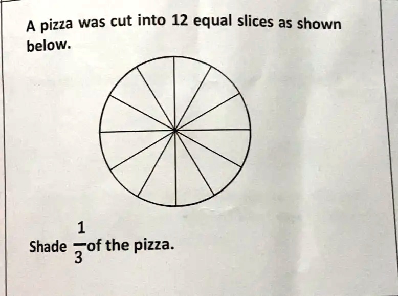SOLVED: A pizza was cut into 12 equal slices as shown below: 1 Shade of ...