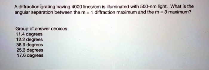 SOLVED: A diffraction grating having 4000 lines/cm is illuminated with ...