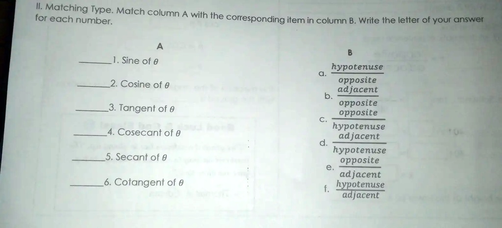 SOLVED: Matching Type: Match column for each number; A with the corresponding item in column B ...