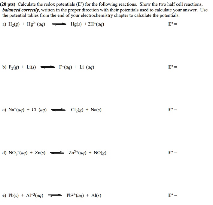 SOLVED: Calculate the redox potentials (E") for the following reactions ...