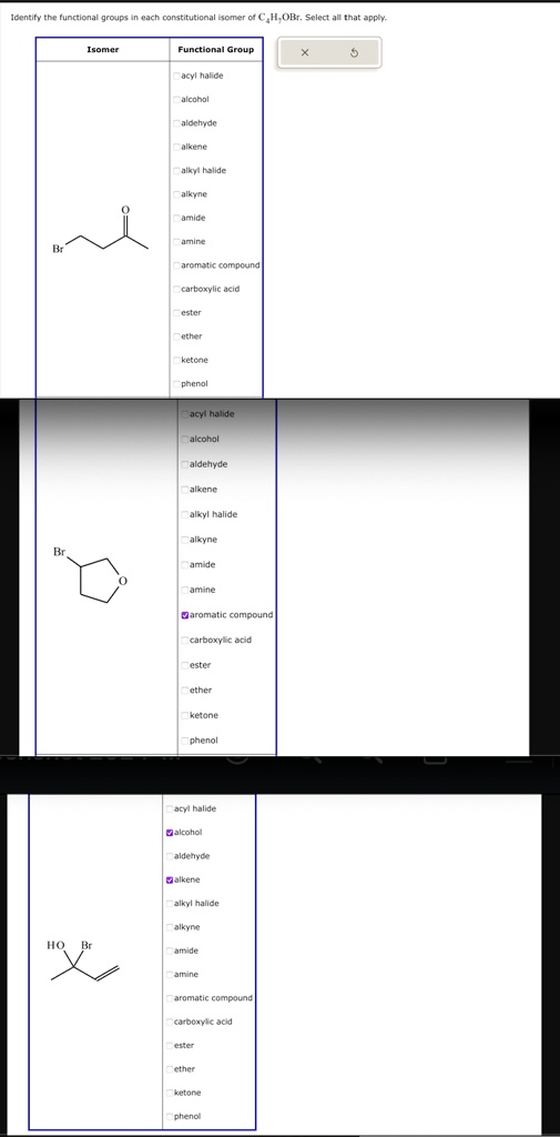 Identify the functional groups in each constitutional isomer of C 4 H 7 OBr. Select all that ...