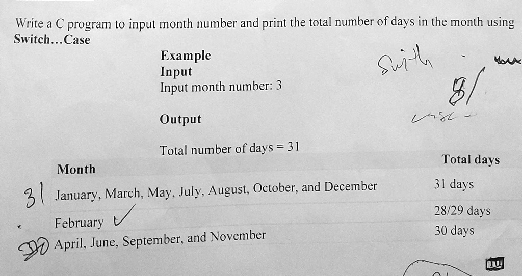 Write A C Program To Input Month Number And Print The Total Number Of Days In The Month Using 6544