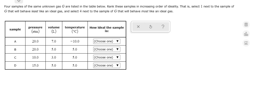 four samples of the same unknown gas g are listed in the table below ...