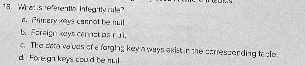 What is referential integrity rule? a. Primary keys cannot be null. b. Foreign keys cannot be ...