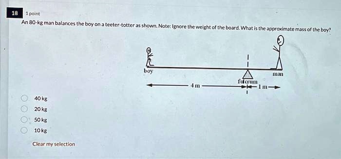 SOLVED: 18 1point An 80-kg man balances the boy on a teeter-totter as ...