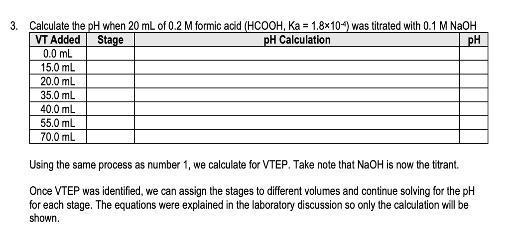 SOLVED: Calculate the pH when 20 mL of 0.2 M formic acid (HCOOH, Ka = 1.8x10^-4) was titrated ...