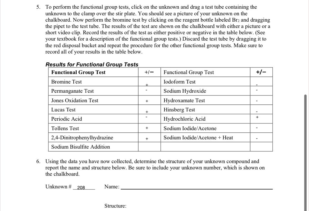 Solved To Perform The Functional Group Tests Click On The Unknown And Drag The Test Tube