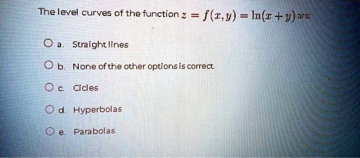 SOLVED: The level curves of the function z = f(x,y) = ln(y) are: a. Straight lines b. None of ...