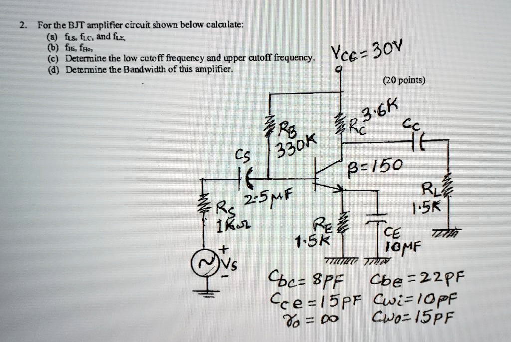 SOLVED: For the BJT amplifier circuit shown below, calculate: a) fsfLc, and fL bfHfHc b ...