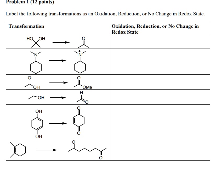 SOLVED: Problem (12 points) Label the following transformations as an Oxidation, Reduction, or ...