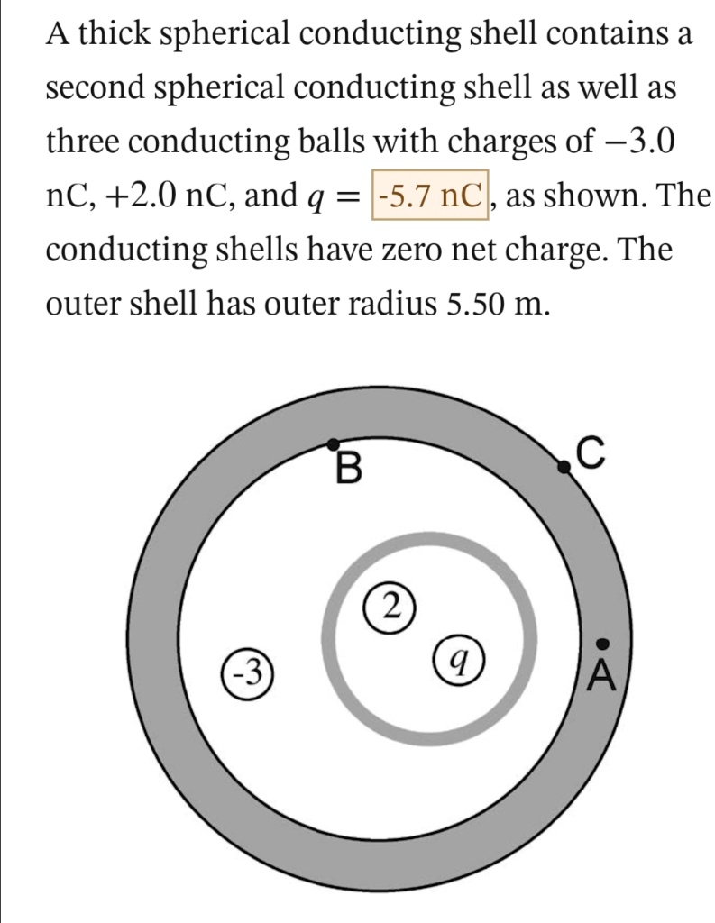 A thick spherical conducting shell contains a second spherical conducting shell as well as three ...