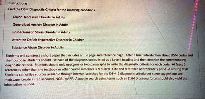 Instructions Find the DSM Diagnostic Criteria for the following ...