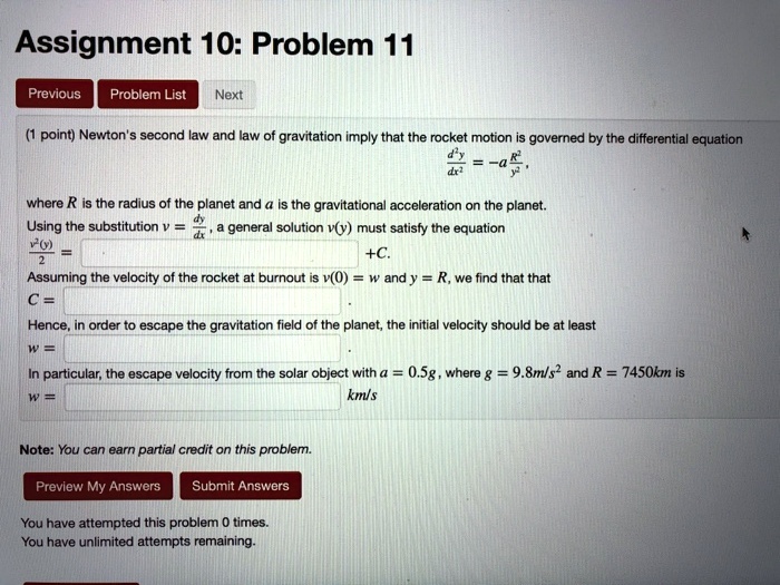 SOLVED: Assignment 10: Problem 11 Previous Problem List Next point) Newton' second law and law ...
