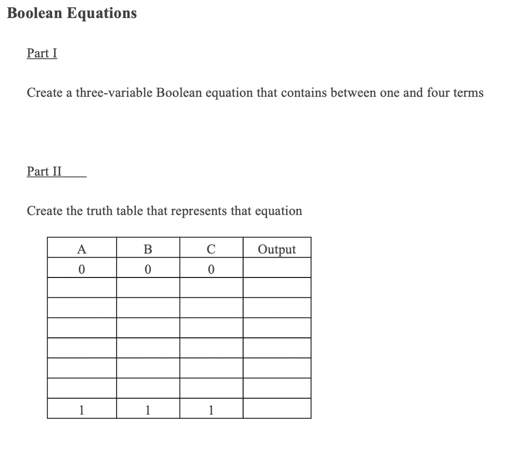 Solved Boolean Equations Part I Create A Three Variable Boolean Equation That Contains Between
