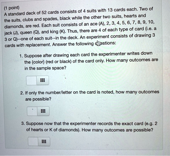 SOLVED: A standard deck of 52 cards consists of 4 suits with 13 cards ...